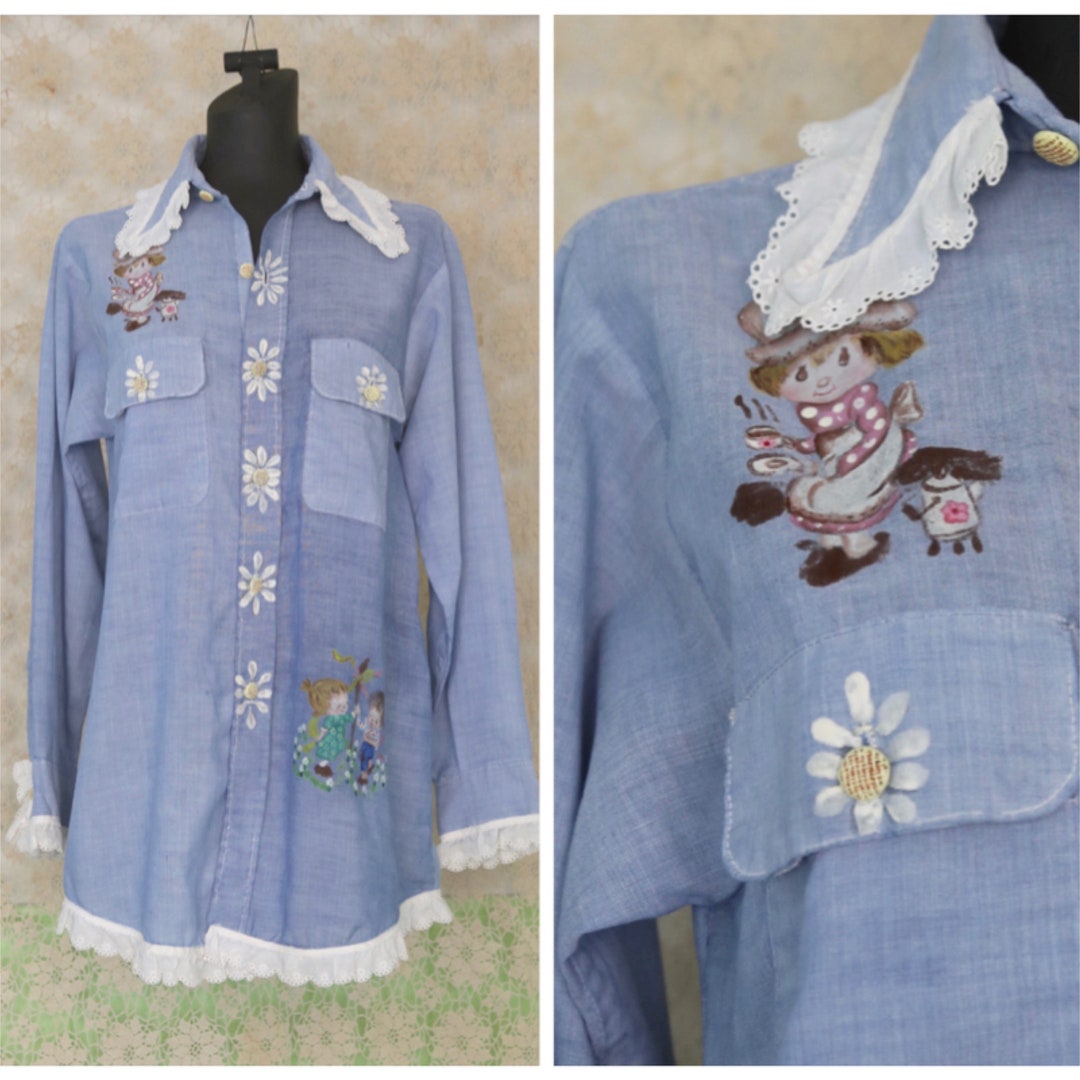 Vtg 70s Chambray Denim Jean Shirt / Button Front Oxford / Painted ...