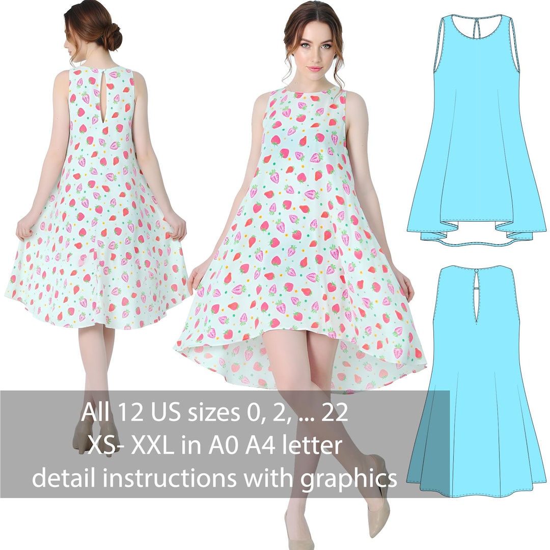 High Low A-line Dress Sewing Pattern • Sleeveless Summer PDF Easy Flow ...