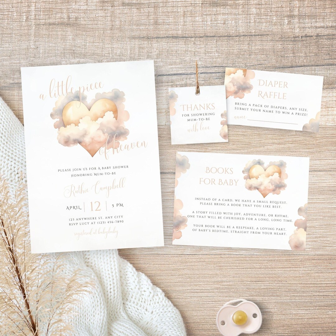 Little Piece of Heaven Baby Shower Invitation Bundle, Heart Cloud Baby ...