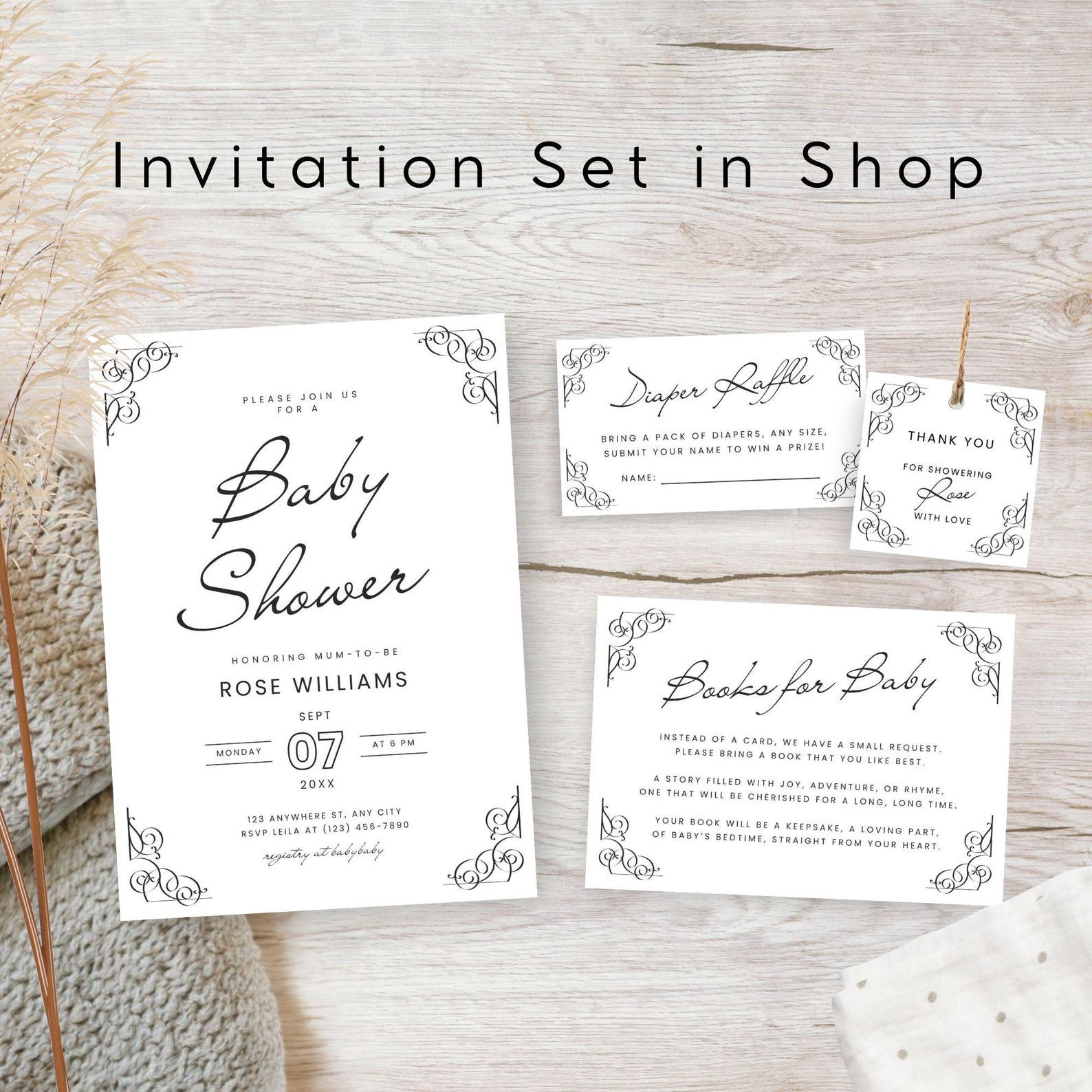 Minimalist Baby Shower Diaper Raffle, Filigree Borders, Gender Neutral ...