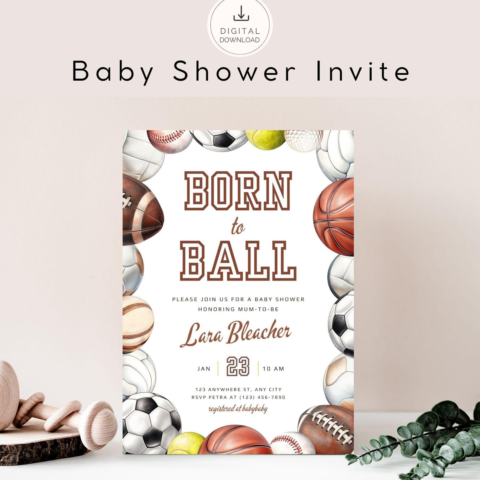Born to Ball Baby Shower Invitation, All Star Baby, Sports Theme Baby ...