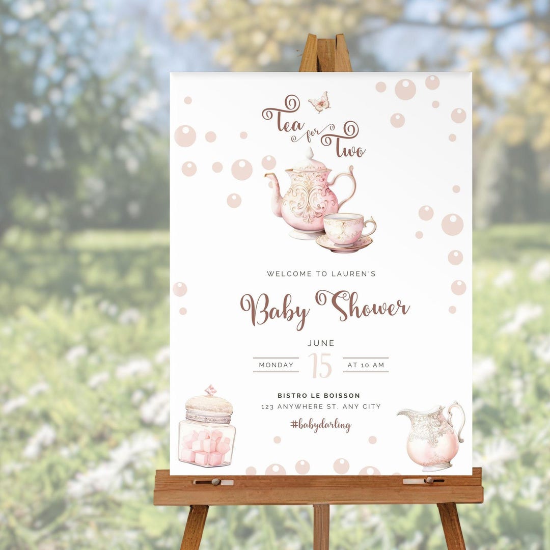Tea for Two Baby Shower Welcome Sign, Watercolor Pink Grand Millennial ...
