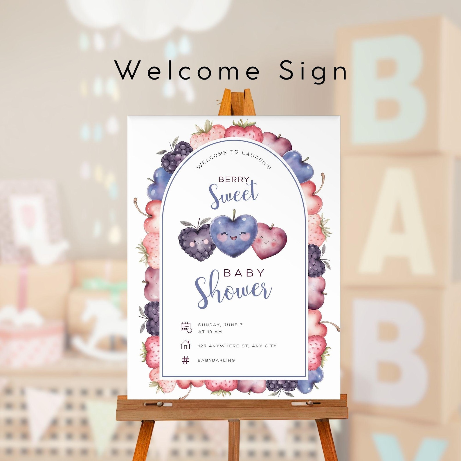 Berry Baby Shower Welcome Sign, Watercolor Blue Fruit, Berry Sweet Baby ...