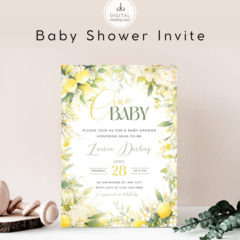 Ciao Baby Shower Invitation Printable, Watercolor Citrus With Blossom ...