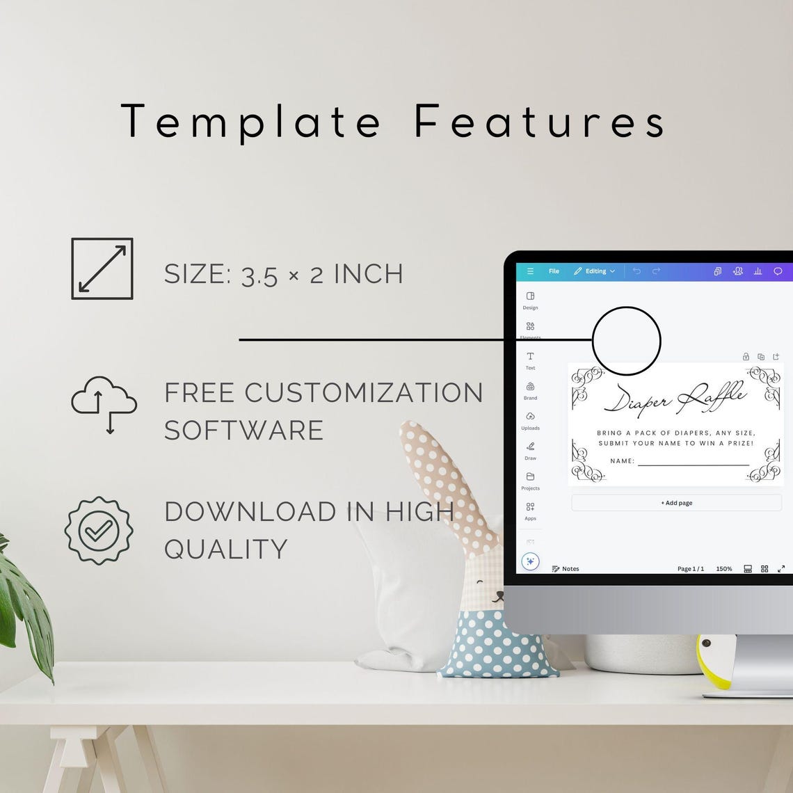 Minimalist Baby Shower Diaper Raffle, Filigree Borders, Gender Neutral ...