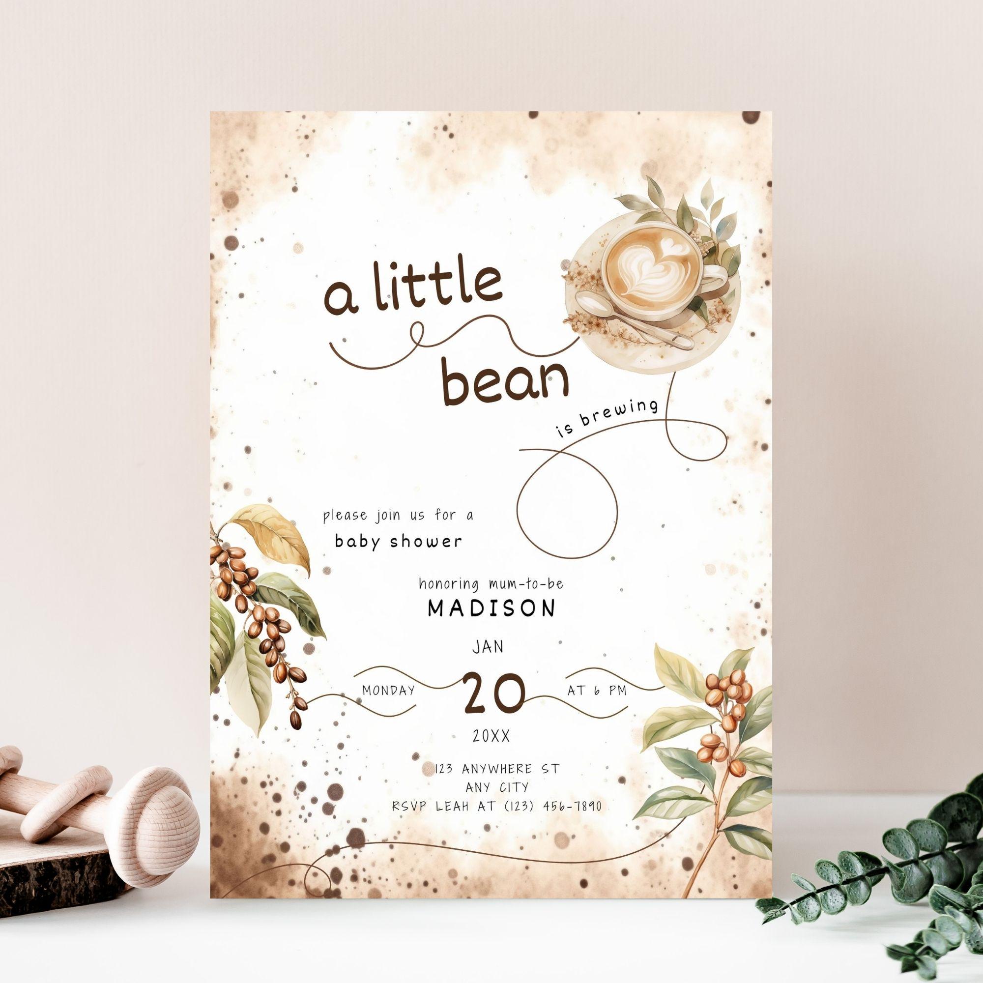 Coffee Bean Baby Shower Invite 5x7 Inch, A Little Bean, Boho Cappuccino ...