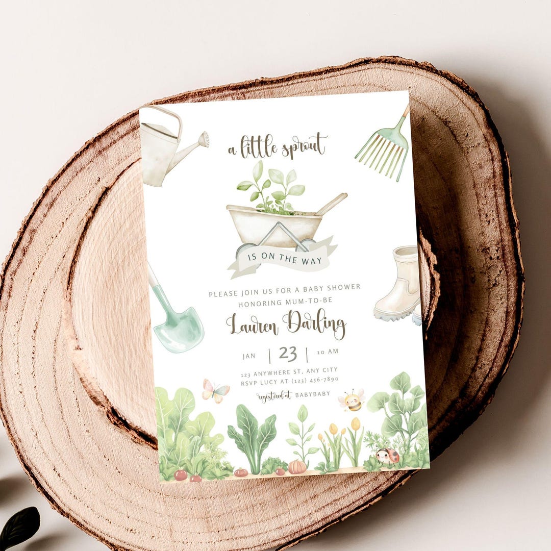 A Little Sprout Baby Shower Invitation, Watercolor Gardening Sprinkle ...