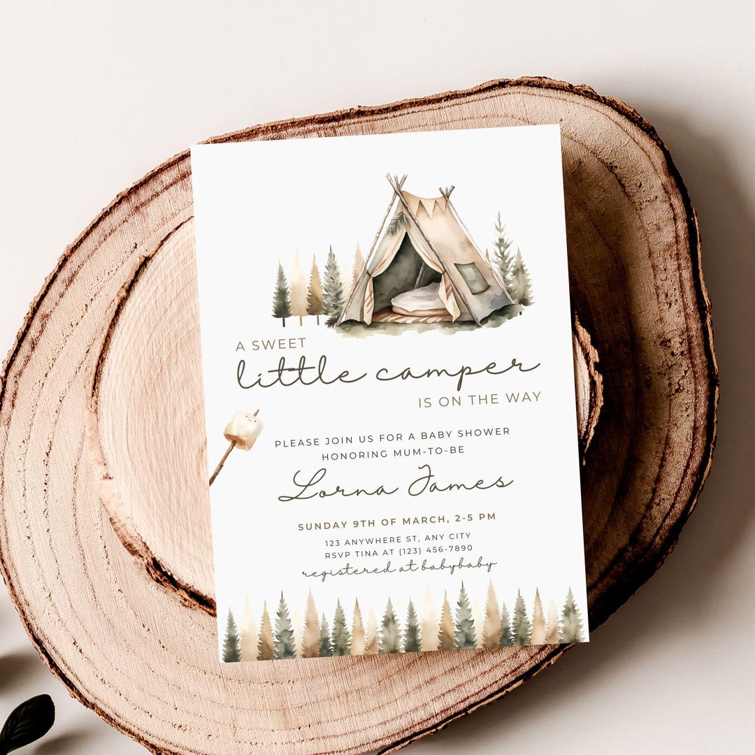 Little Camper Baby Shower Invitation, Rustic Camping Theme, Watercolor ...