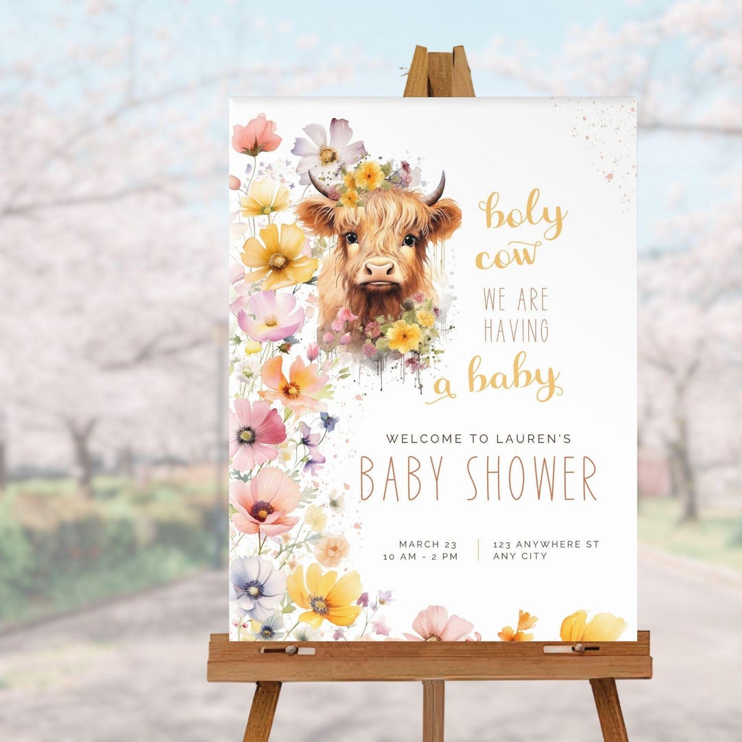 Highland Cow Baby Shower Welcome Sign, Yellow Wildflowers Boho, Cute ...
