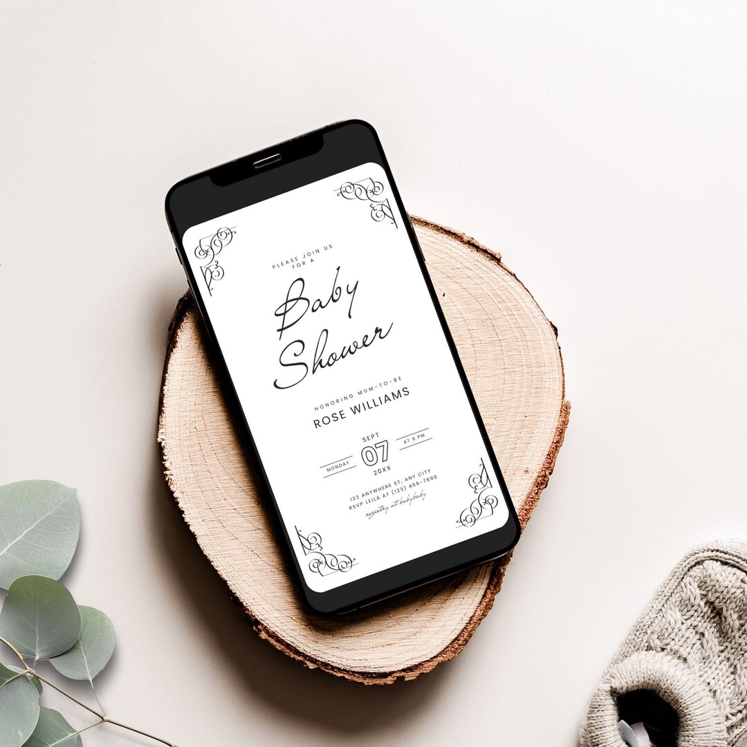 Minimalist Baby Shower Digital Evite, Filigree Borders, Gender Neutral ...