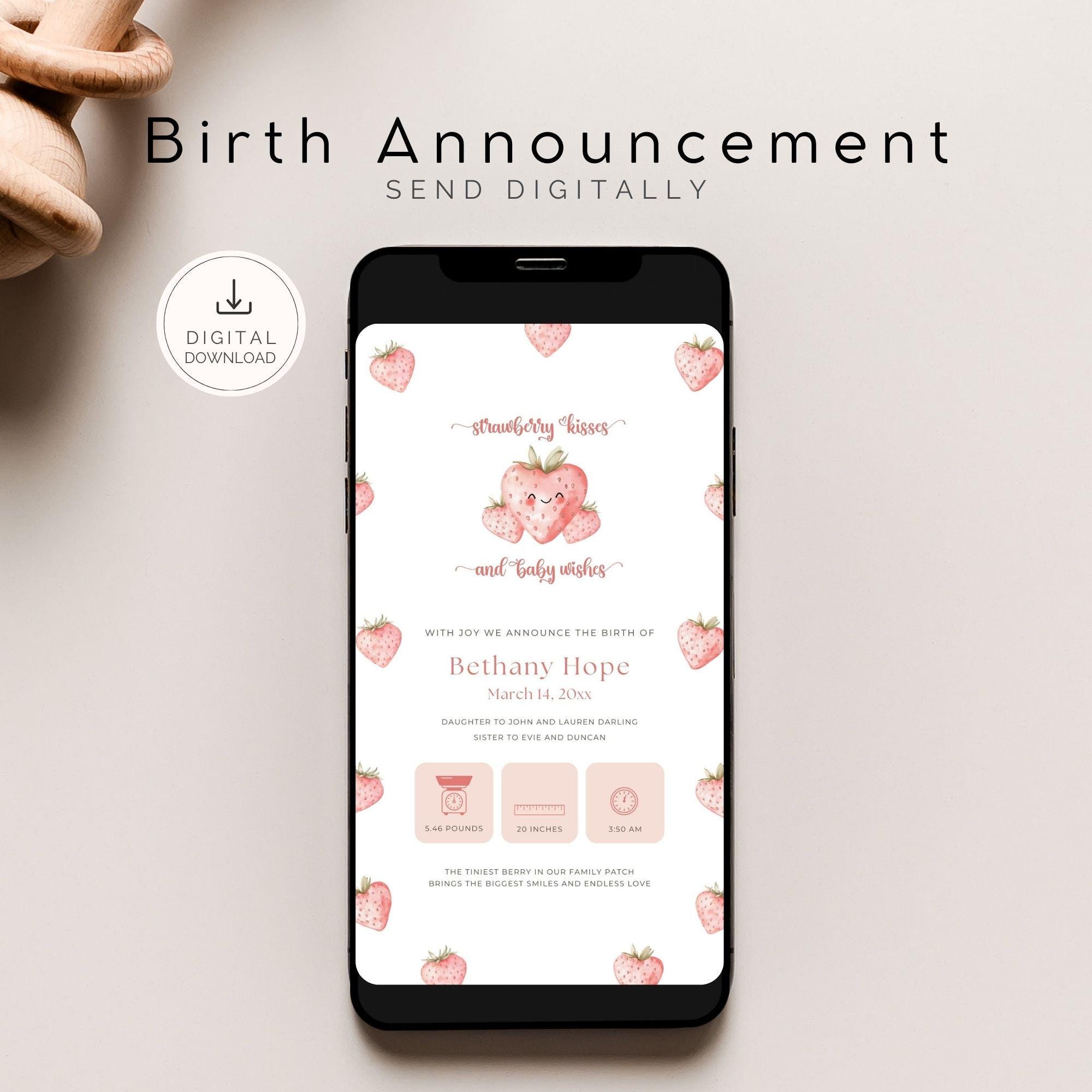 Strawberry Kisses Birth Announcement Digital, Watercolor Berry Sweet A ...