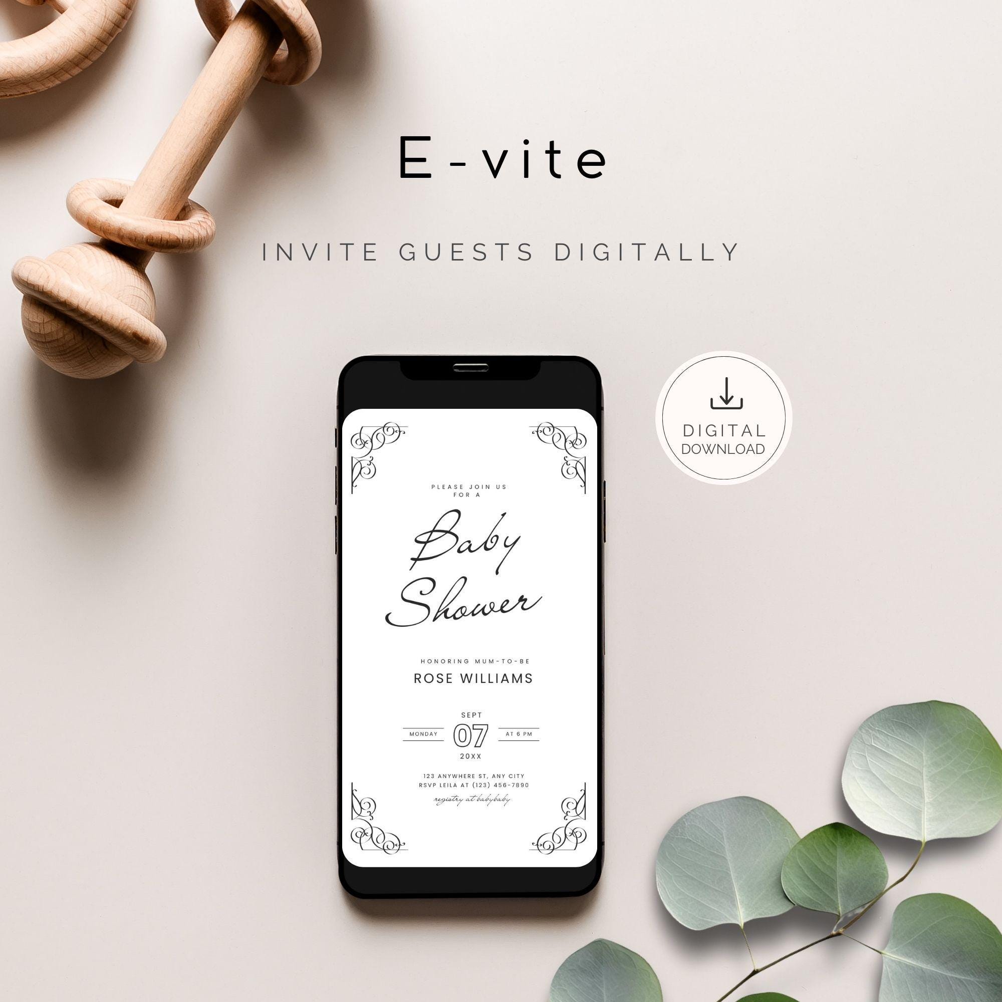 Minimalist Baby Shower Digital Evite, Filigree Borders, Gender Neutral ...