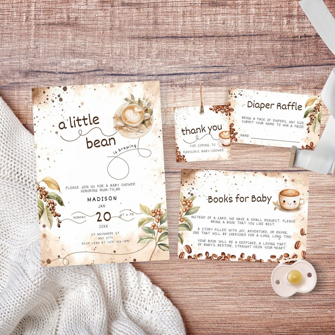 Coffee Bean Baby Shower Invitation Bundle, A Little Bean, Boho ...