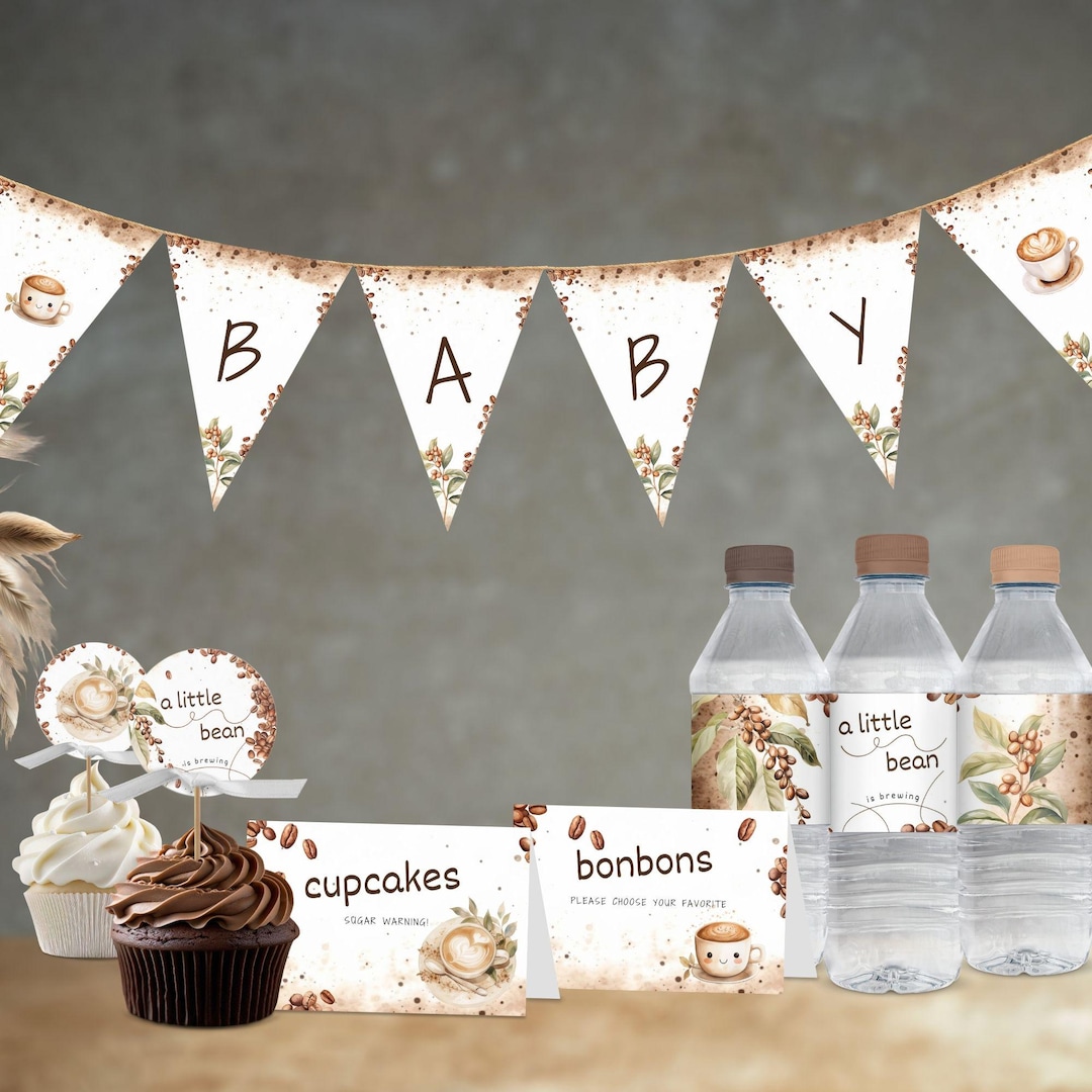 Coffee Bean Baby Shower Party Bundle, Banner, Toppers, Labels and ...