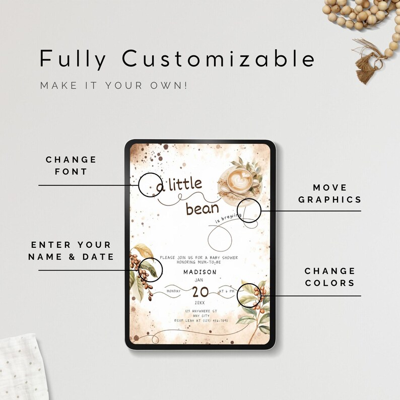 Coffee Bean Baby Shower Invite 5x7 Inch, A Little Bean, Boho Cappuccino ...