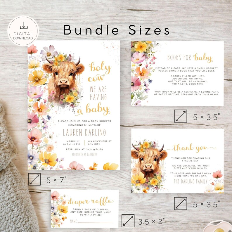 Highland Cow Baby Shower Invitation Bundle, Yellow Wildflowers Boho ...