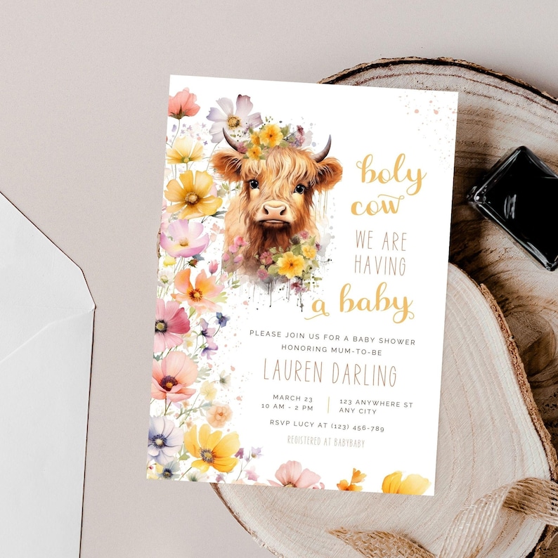 Highland Cow Baby Shower Invitation Bundle, Yellow Wildflowers Boho ...