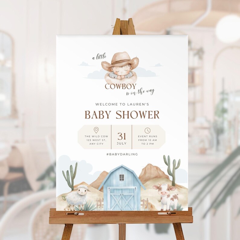Cowboy Baby Blue Shower Welcome Sign, Little Billy on the Way ...