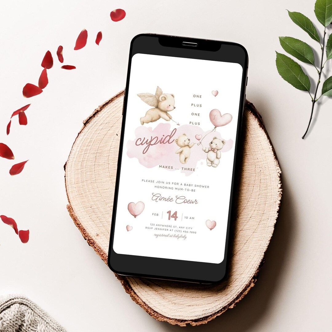 Cupid Baby Shower Digital Invite, Cute Valentine Teddy, One Plus One is ...