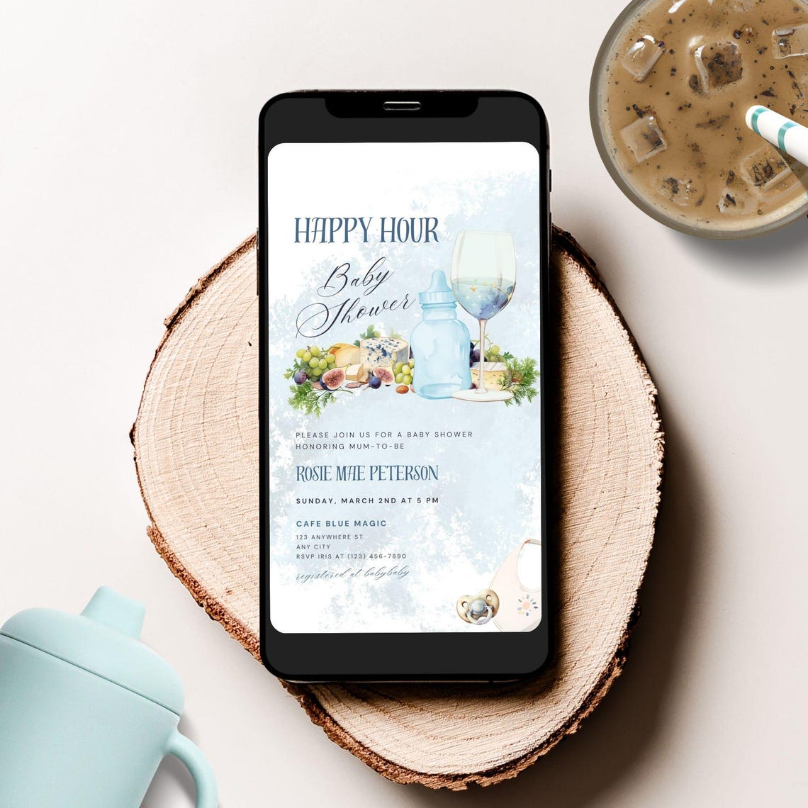 Happy Hour Baby Shower Digital Evite in Blue, Baby Boy Cheers, Brunch ...