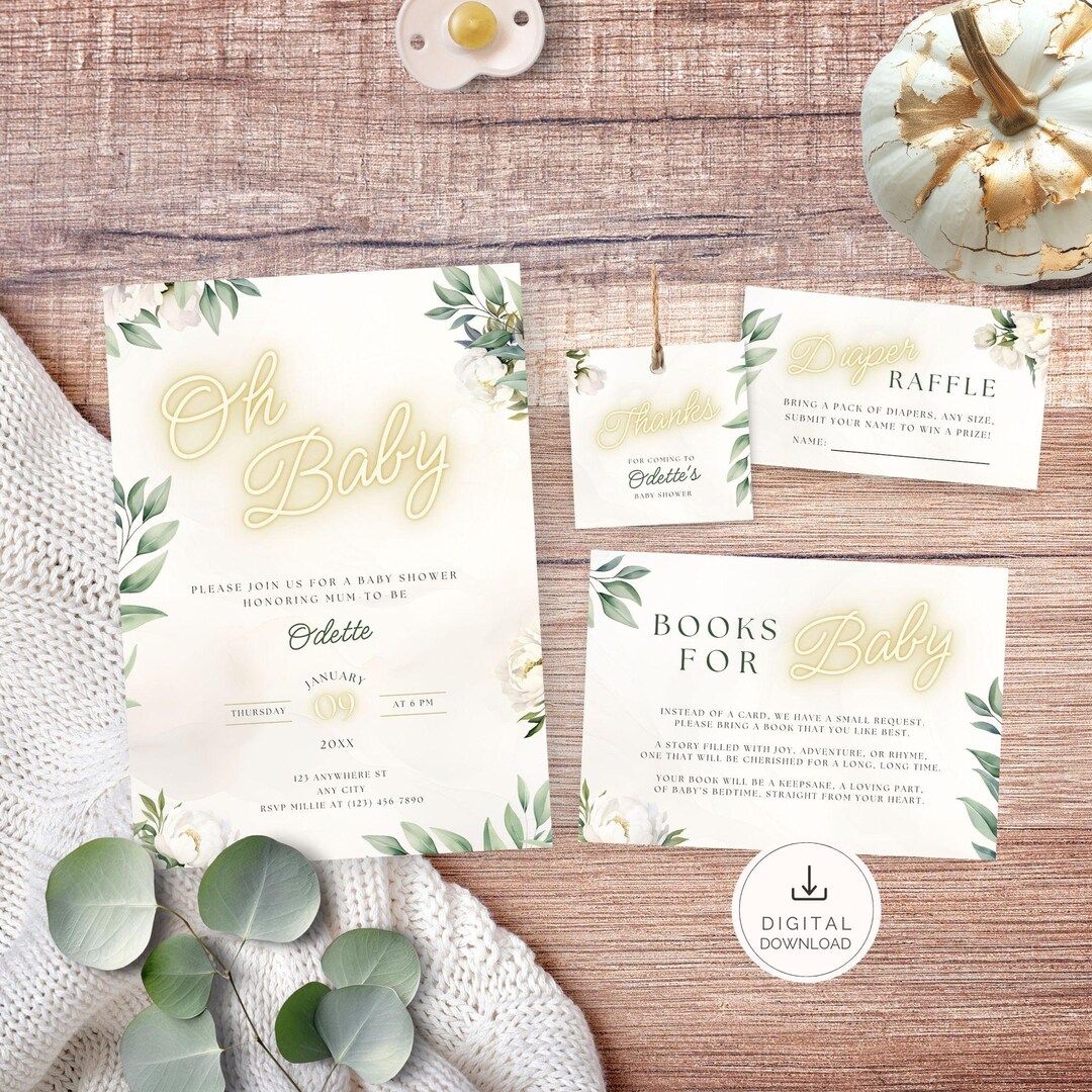 Sage Green and Gold Baby Shower Invitation Bundle, Oh Baby Watercolor ...