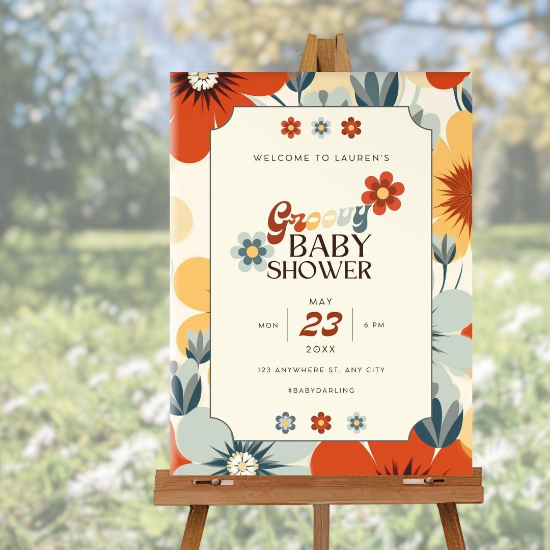 Retro Baby Shower Welcome Sign, Watercolor Hippie Flower Power Pattern ...