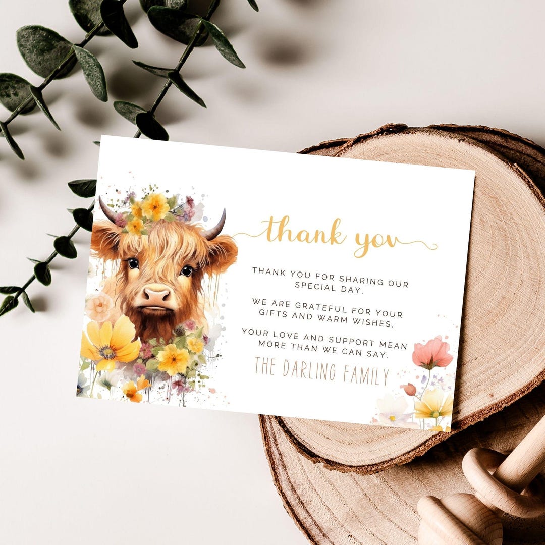 Highland Cow Baby Shower Thank You Card, Yellow Wildflowers Boho, Cute ...
