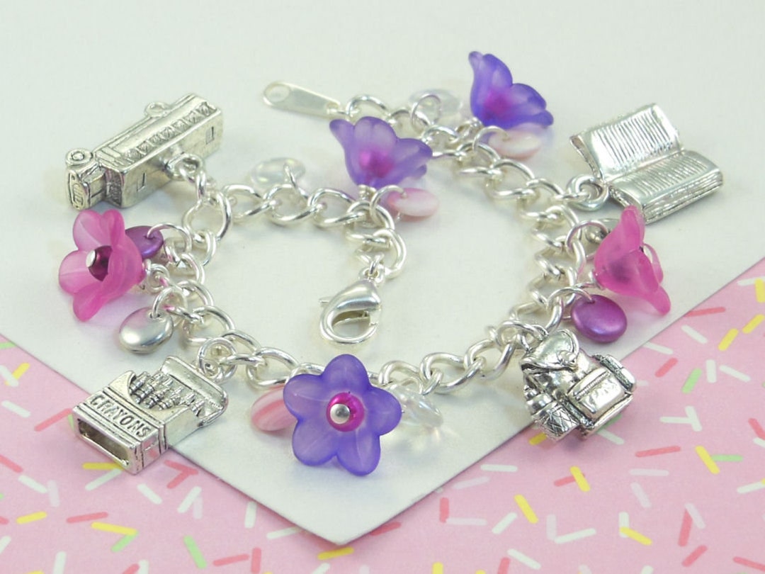 Back to School Charm Bracelet for Girls in Purples and Pinks Grace - Etsy