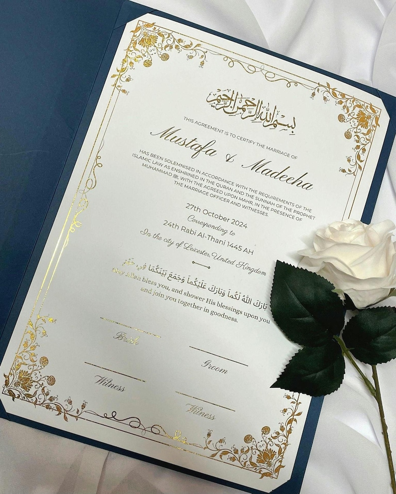 A4 Elegant Personalised Islamic Nikkah Nama Certificate Wedding Foiled ...