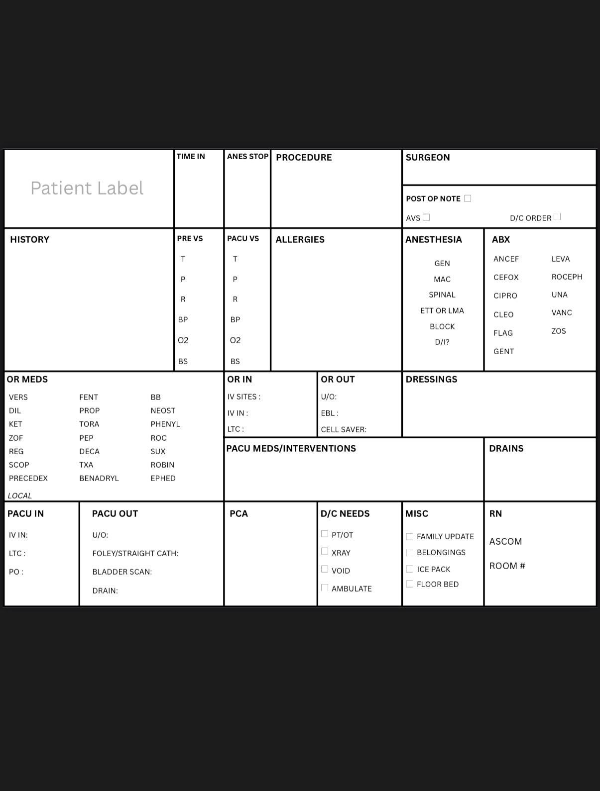 PACU Report Sheet - Etsy