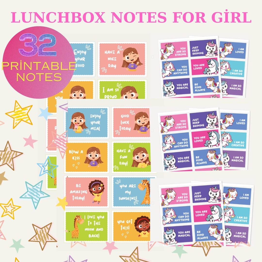 Lunchbox Notes for Girls, Printable Lunchbox Notes, Lunchbox Notes for ...