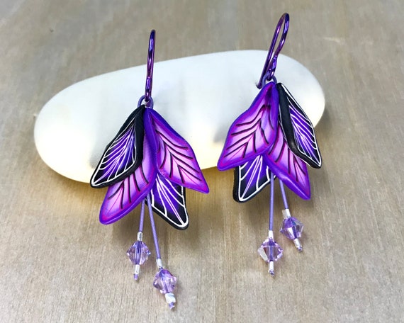 Purple Earrings Fimo Earrings Polymer Clay earrings Leaf Earrings Floral earrings Green Earrings fantasy Earrings