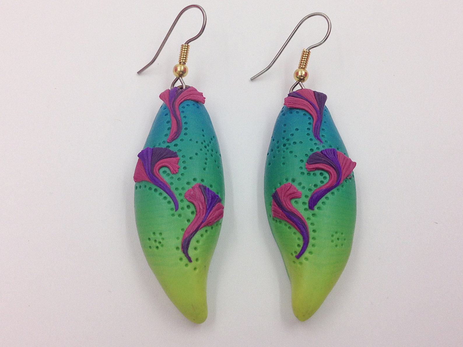 Fimo Earrings Polymer Clay Earrings Floral Earrings Leaf Earrings Kato Sculpy Earrings Dangle ...