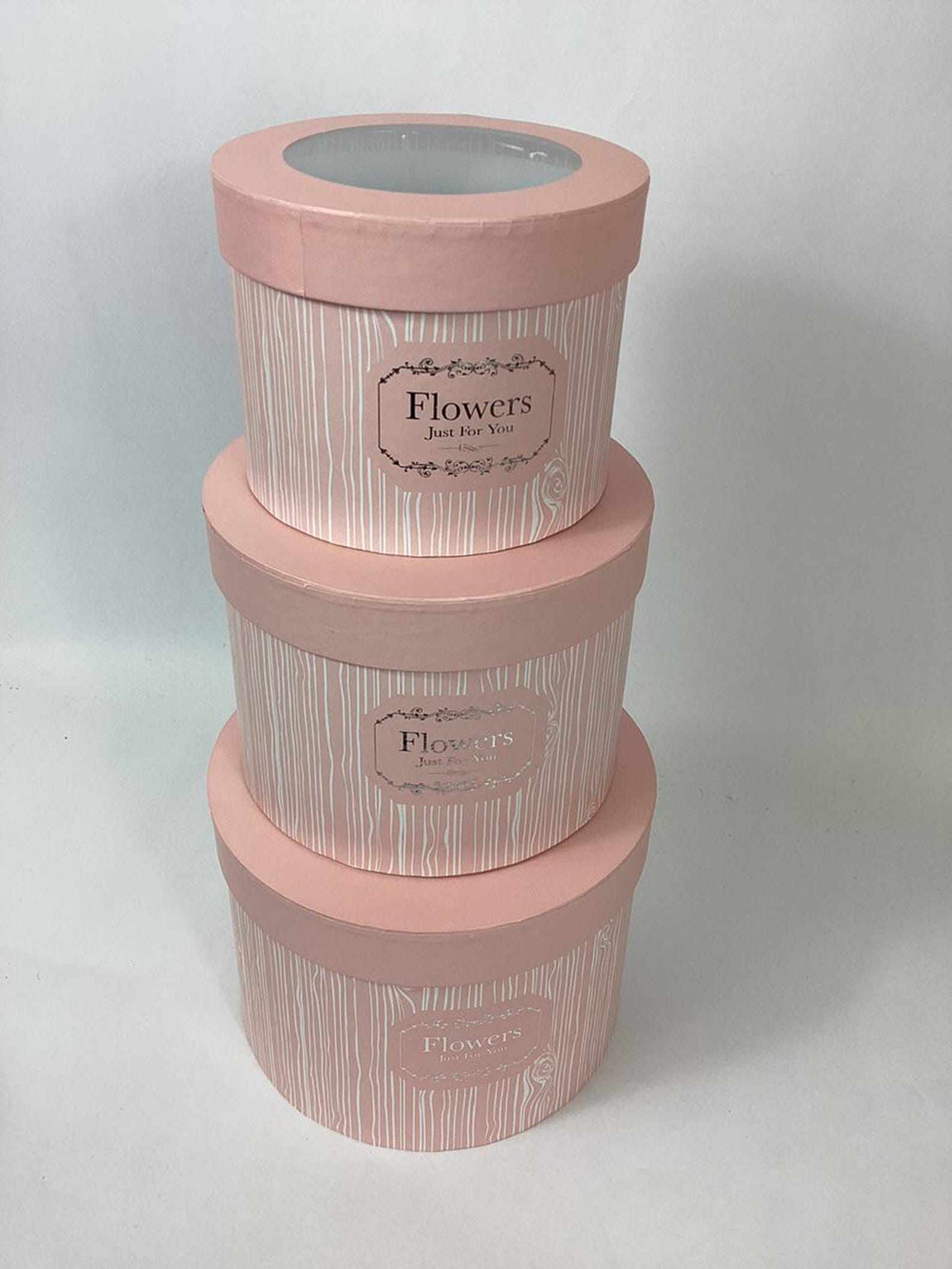 Oasis Pink Striped Hat Boxes With Clear Lids Set of 3 for Flower ...