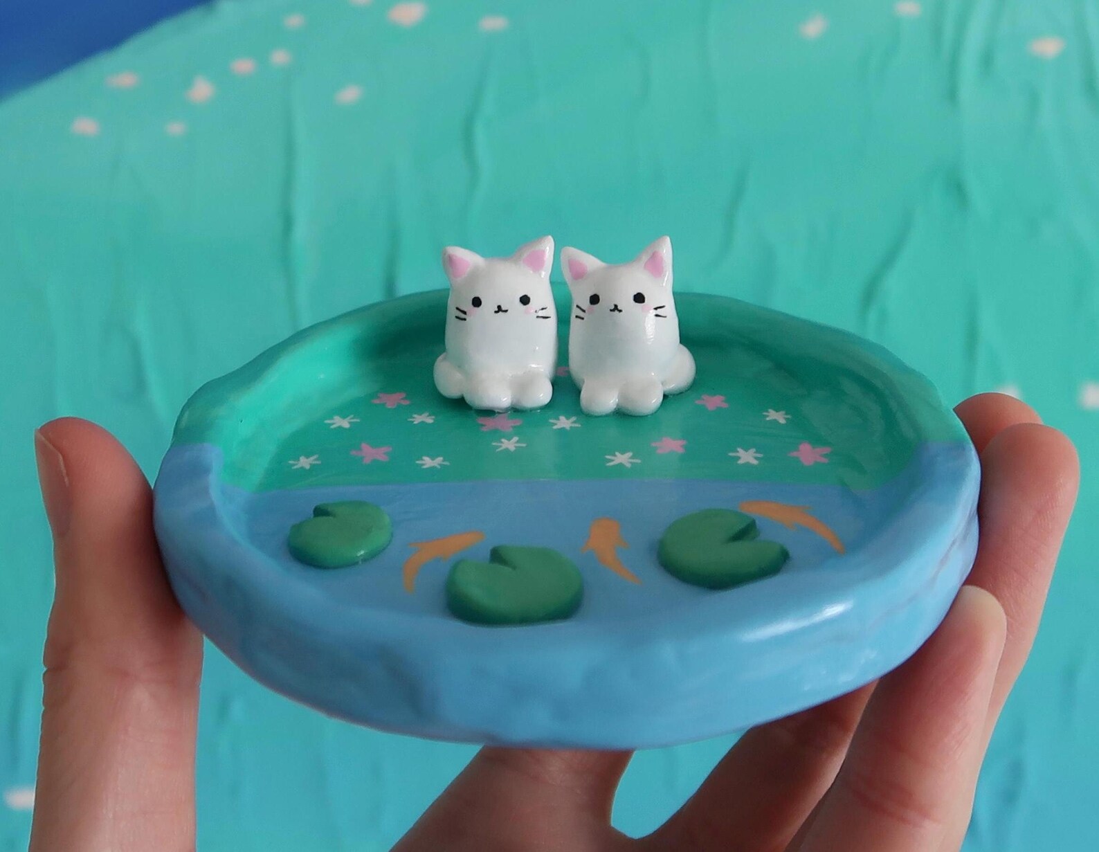 Handmade Cat Trinket Tray / Ring Dish / Clay Cats Kitties / Gold Fish ...