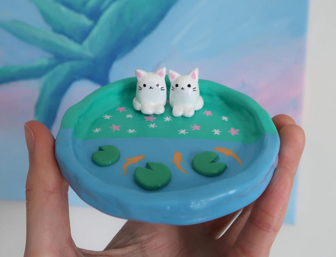 Handmade Cat Trinket Tray / Ring Dish / Clay Cats Kitties / Gold Fish ...