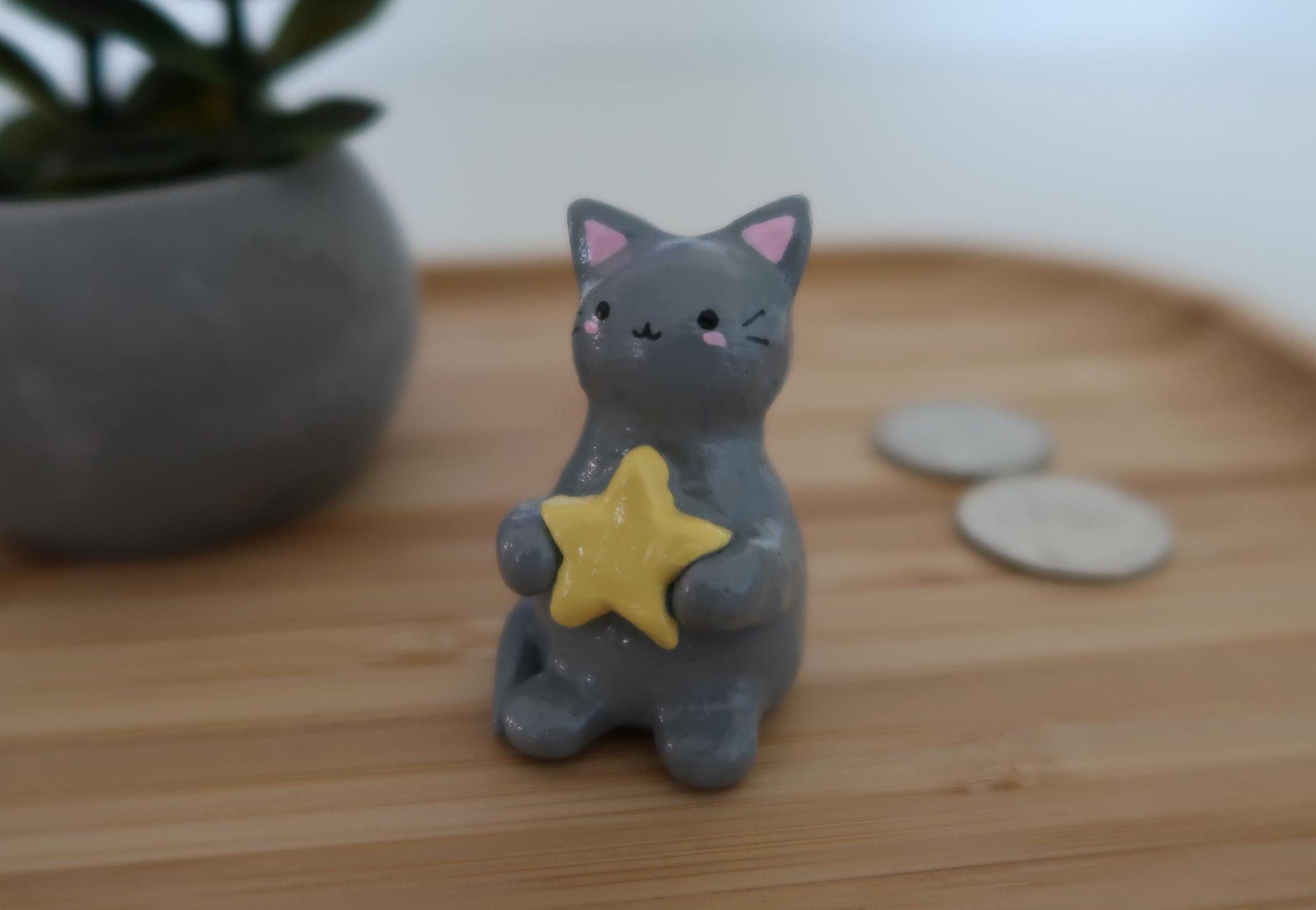 Handmade Star Cat Figurine/ Desk Friend/ Air Dry Clay/ Cute Kitty/ Grey ...