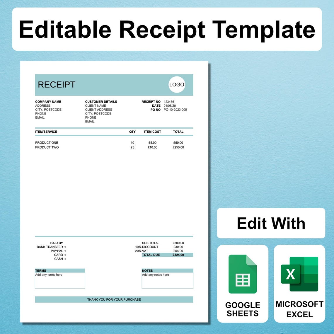 Modern Business Receipt Template: Editable in Microsoft Excel or Google ...