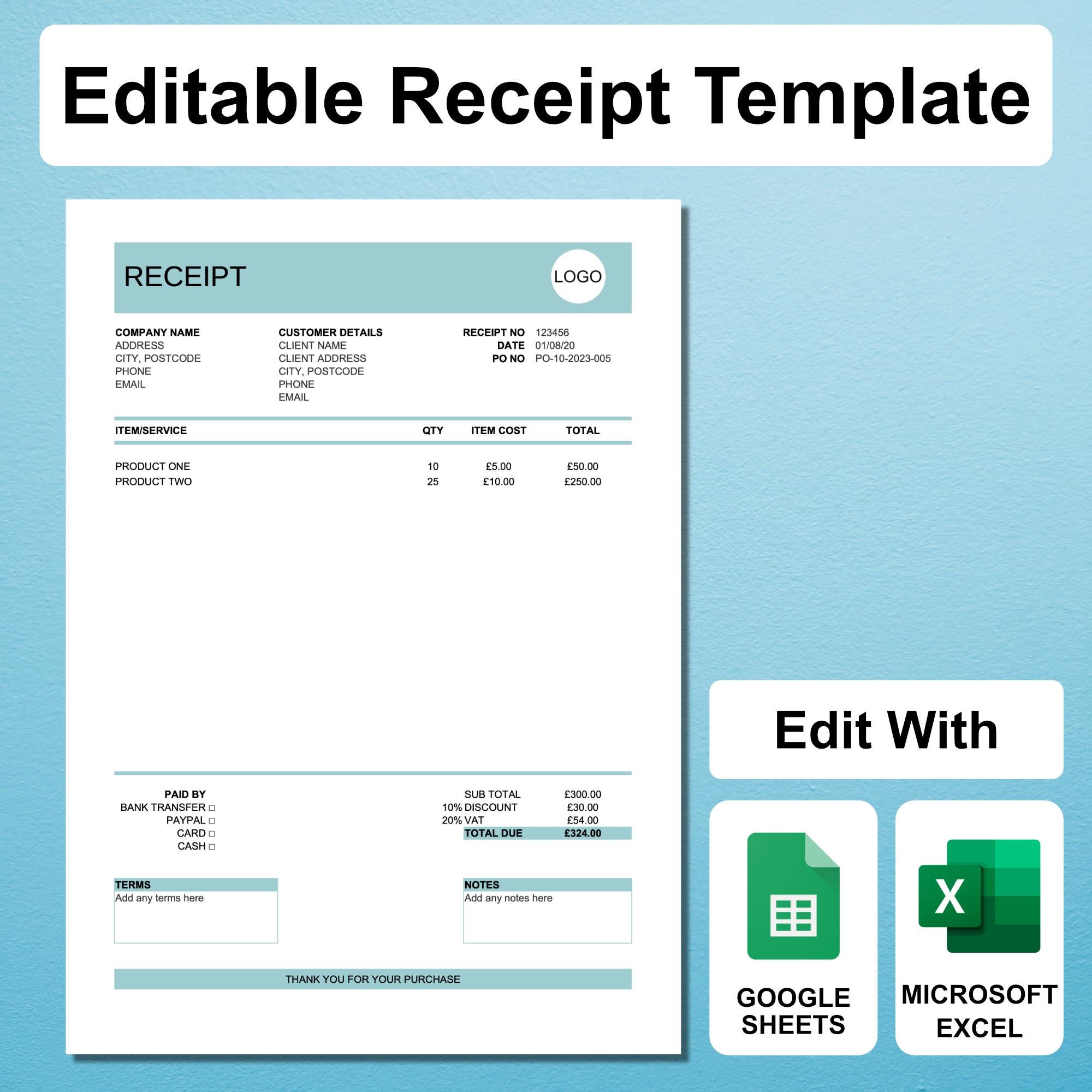 Modern Business Receipt Template: Editable in Microsoft Excel or Google ...
