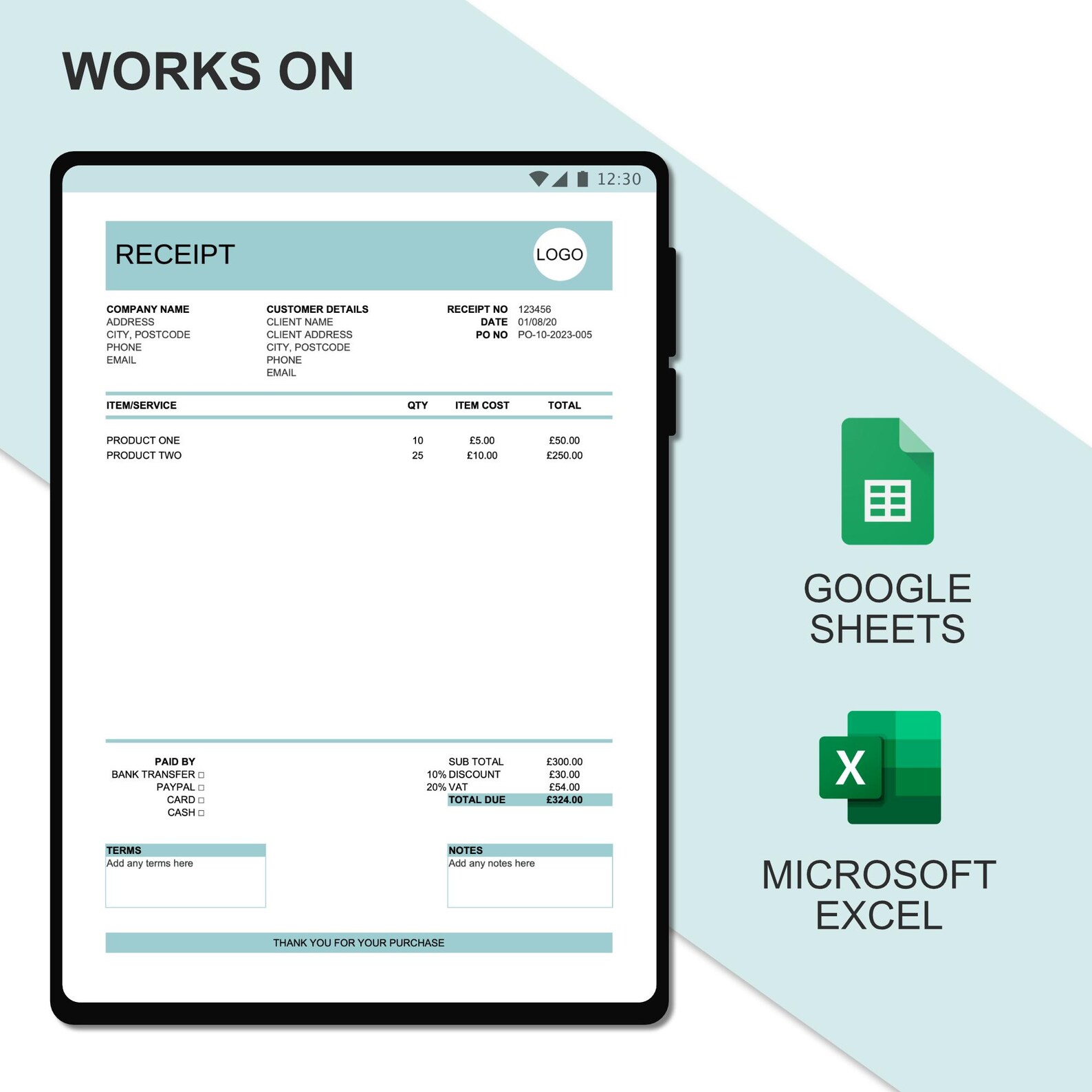 Modern Business Receipt Template: Editable in Microsoft Excel or Google ...
