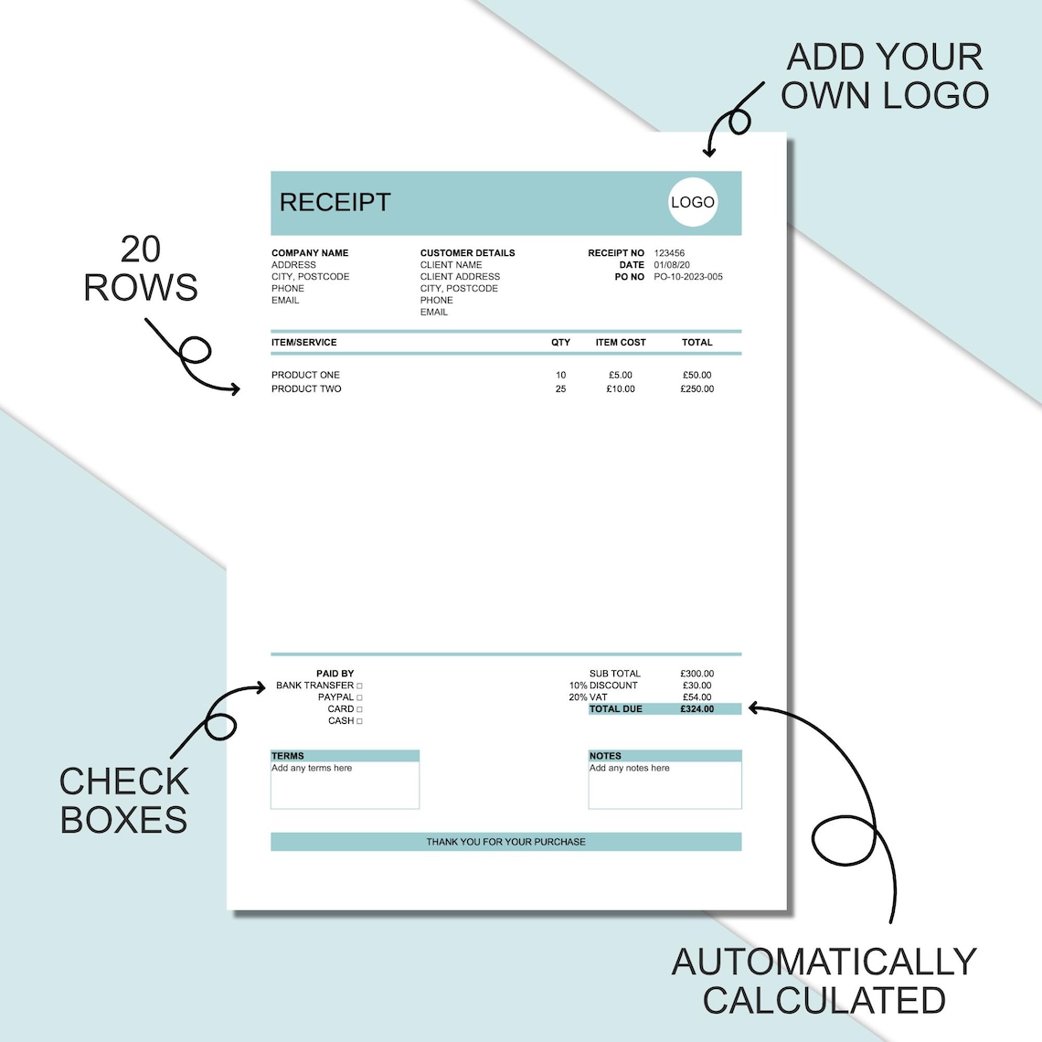 Modern Business Receipt Template: Editable in Microsoft Excel or Google ...