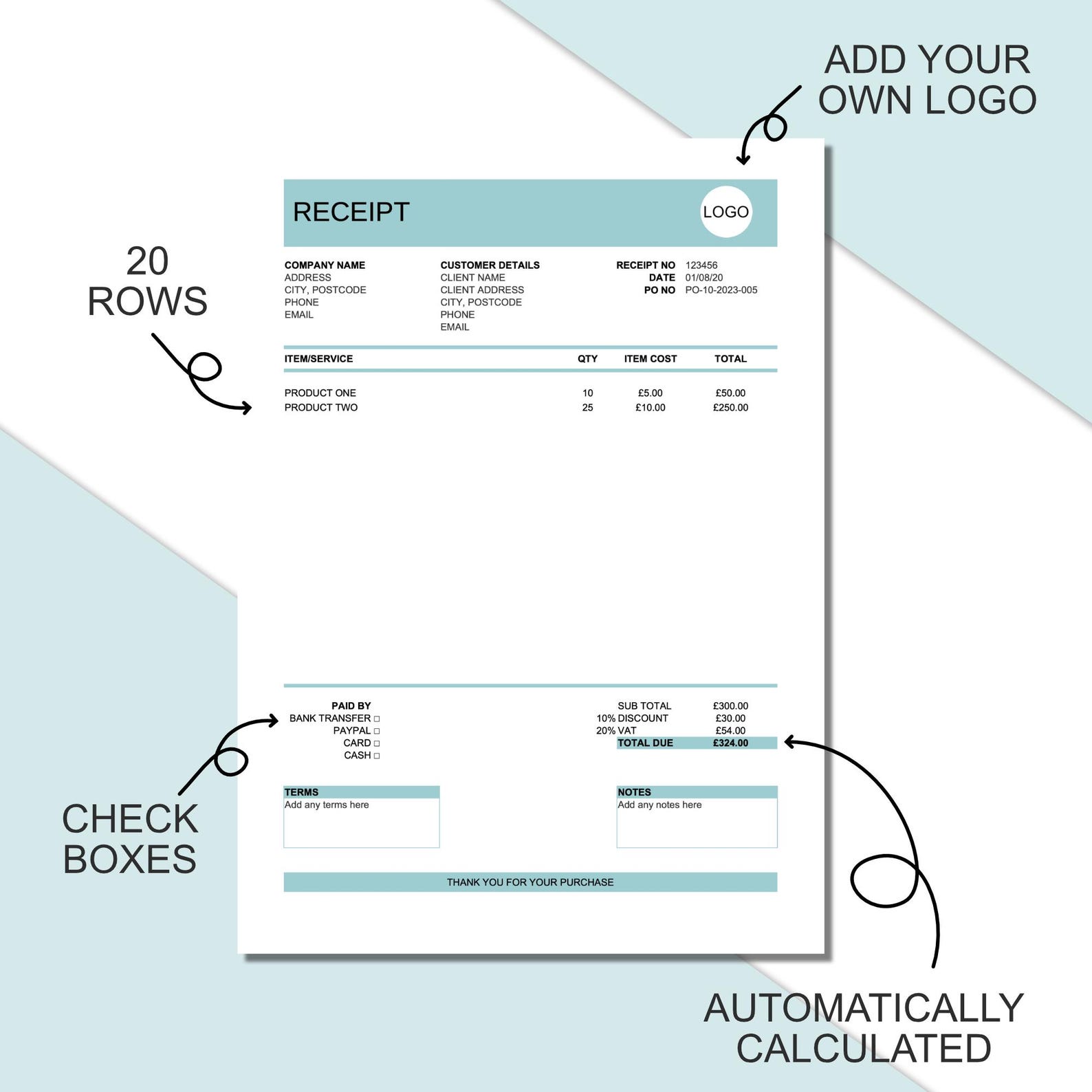Modern Business Receipt Template: Editable in Microsoft Excel or Google ...