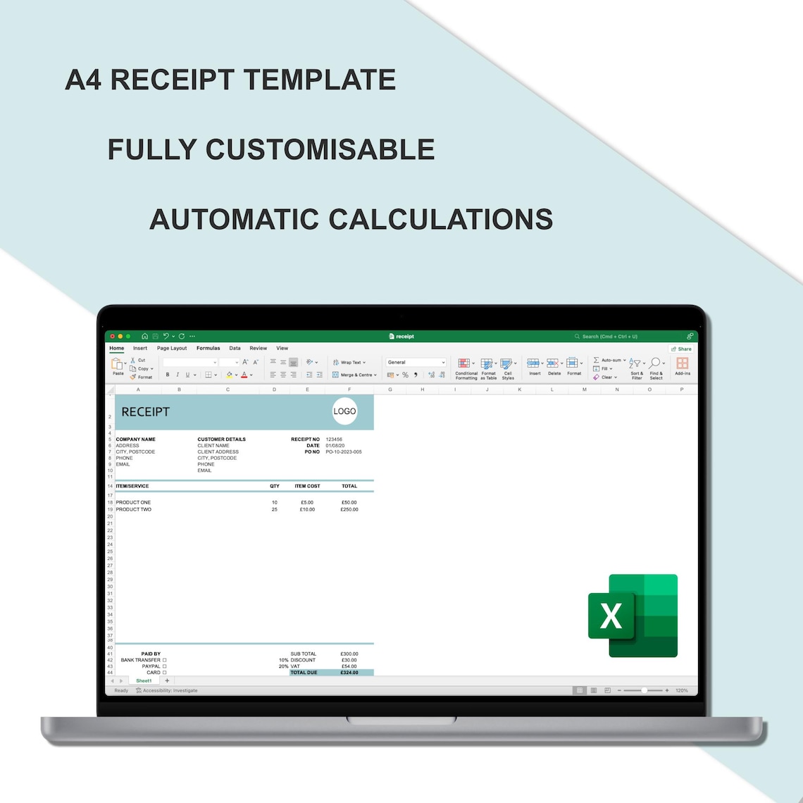 Modern Business Receipt Template: Editable in Microsoft Excel or Google ...