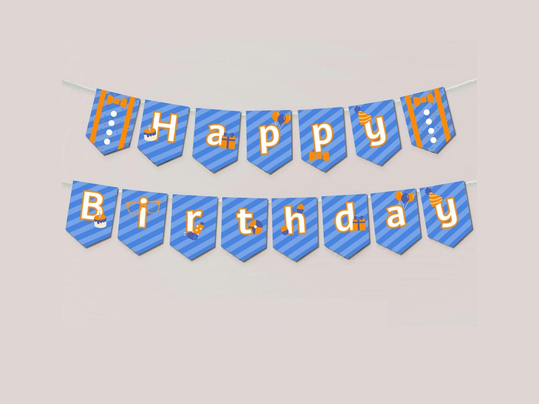 Blue and Orange Birthday Banner Glasses Bowtie Suspenders Decor Bunting ...