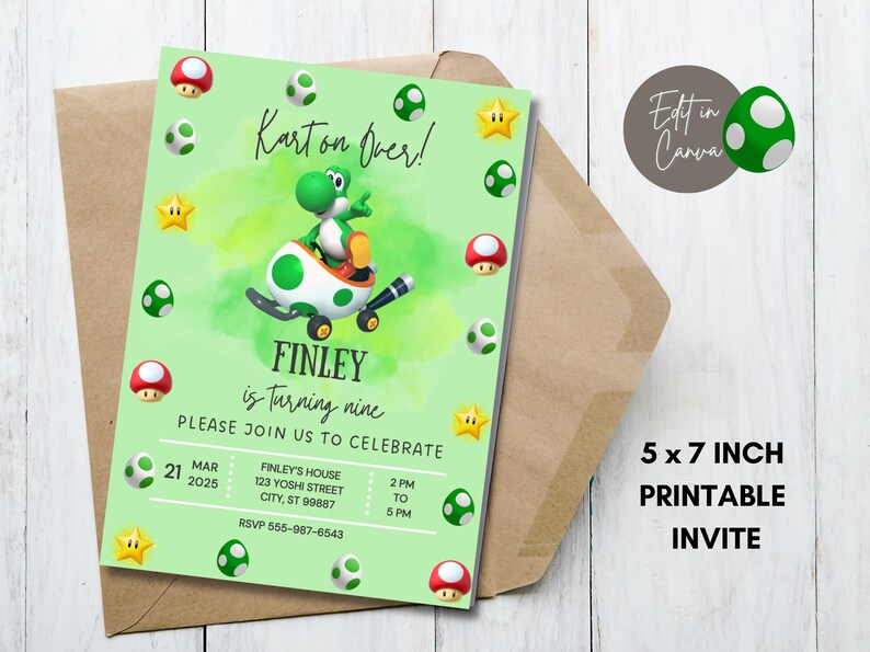 Editable Yoshi Birthday Invitation Yoshi Island Mario Kart Nintendo ...