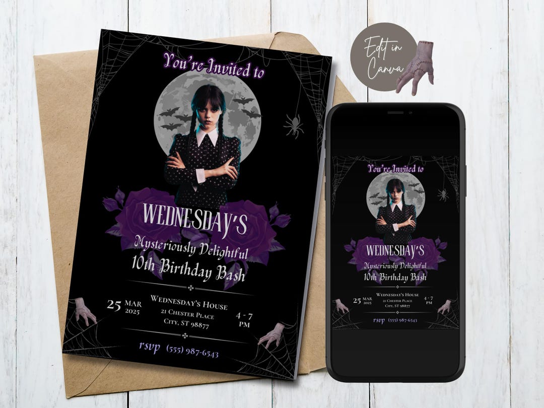 Editable Wednesday Birthday Invitation Wednesday Addams Gothic Invite ...