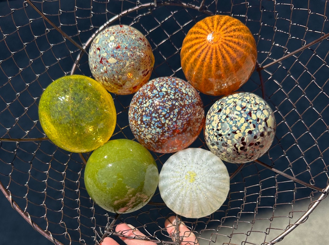 Leaf Tones Glass Balls, Yellow Green Orange Beige Stacking Set of 7 ...