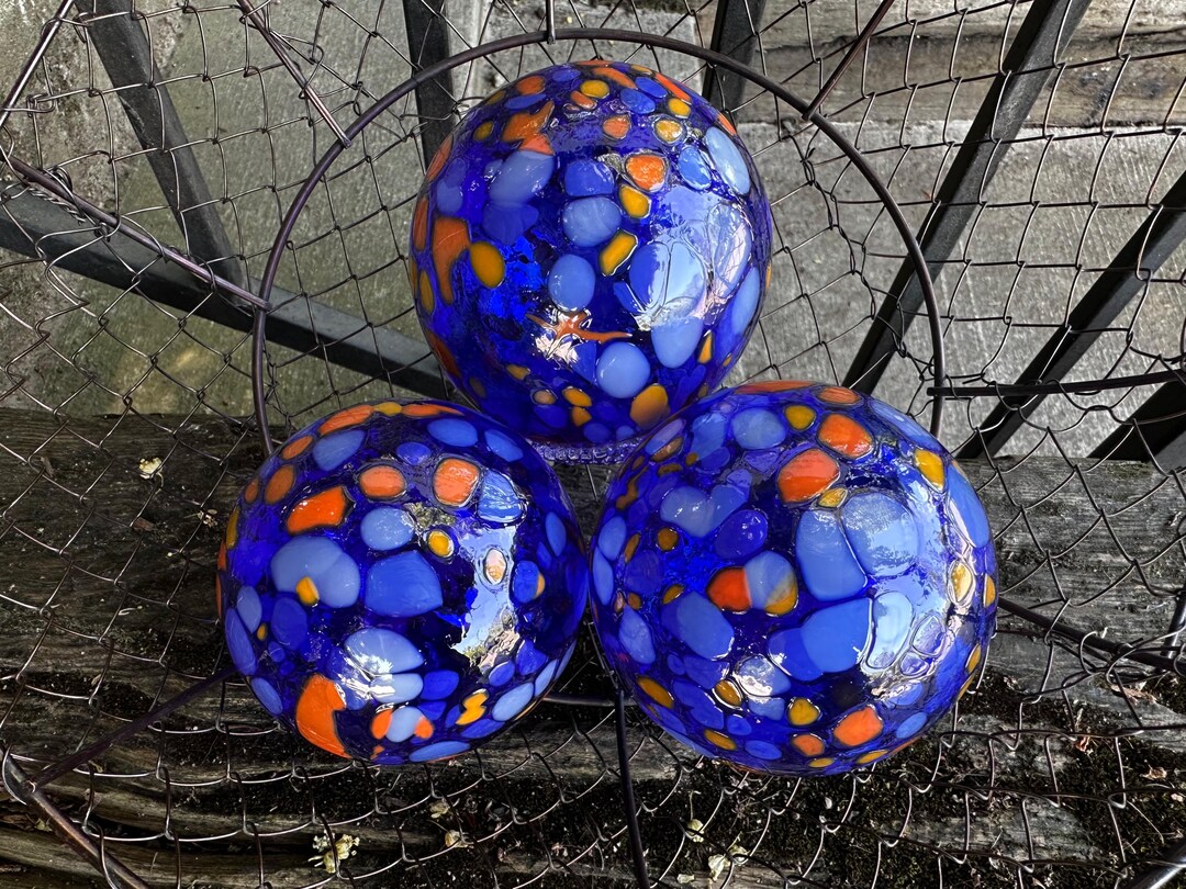 Blown Glass "coast Guard" Float Set: 3 Cobalt Blue & Orange Balls, 3.25 ...