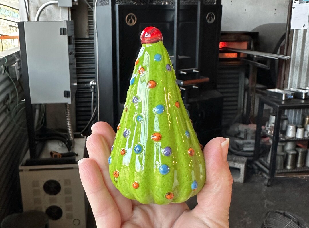 Green Holiday Tree Sculpture, 4 Solid Glass Christmas Figurine, Mantel ...