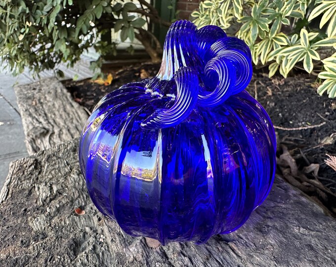 Cobalt Blue Glass Pumpkin, 4.5 Hand Blown Squash Sculpture Curly Coiled ...